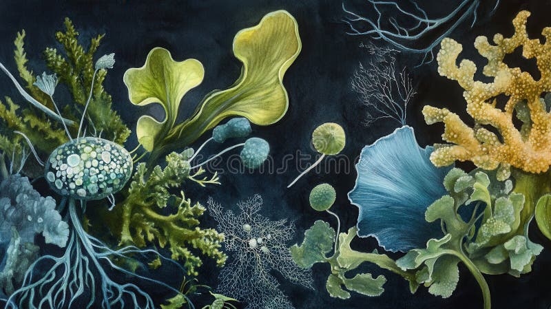 Detailed Botanical Drawing Showcasing Various Algae on Dark Background ...