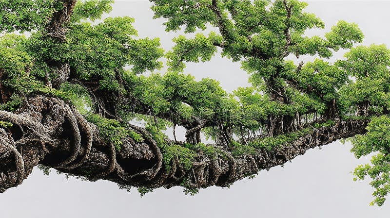 Detailed Botanical Illustration of Lush Branch Featuring Complex Root ...