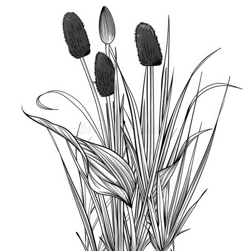 Elegant Black and White Illustration of Typha Flowers and Grasses Stock ...