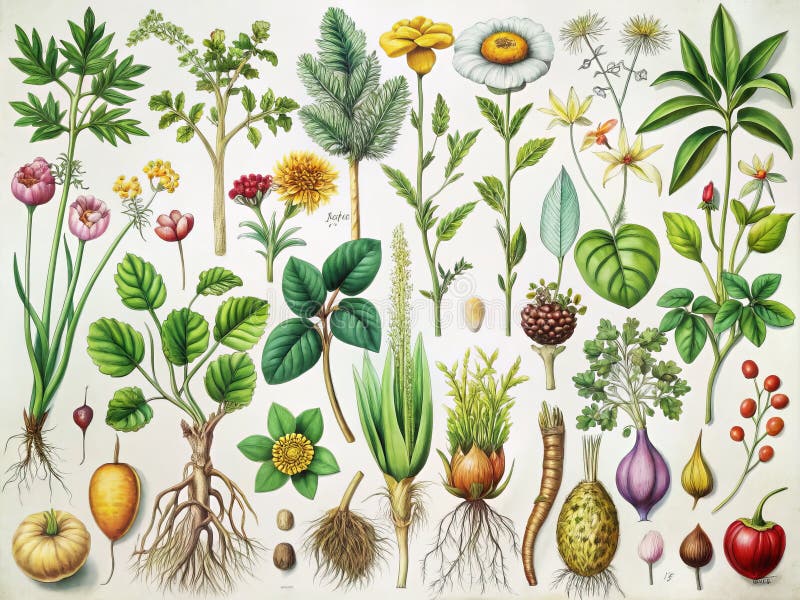 Detailed Botanical Illustrations Root Systems Stems Leaves and More in ...