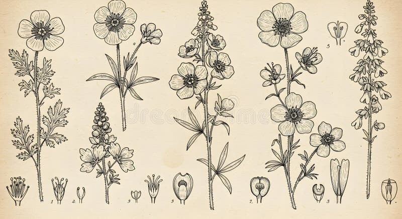 Detailed Botanical Illustrations of Various Wildflowers Highlighting ...