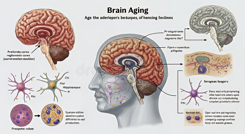 Detailed Brain Aging Illustration: Microscopic Cellular Changes and ...