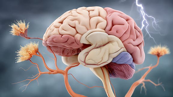 Detailed Brain Anatomy with Memory Paths and Lightning on Grey Backdrop ...