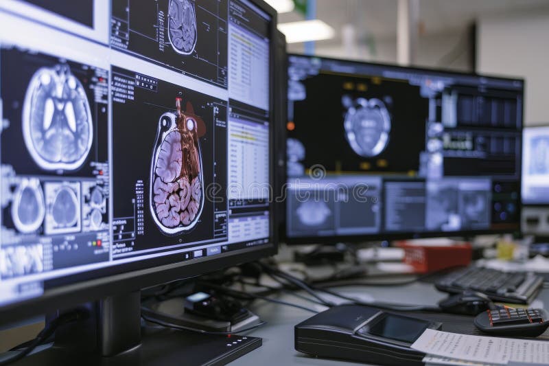 Detailed Brain Scans Displayed on Computer Monitors in a Medical Office ...