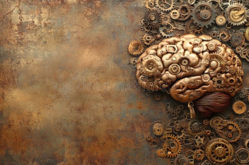 A Detailed Brain Sculpture is Illustrated Alongside Various Clockwork ...