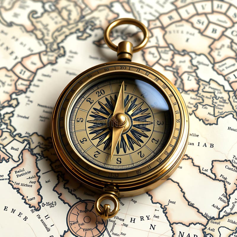 A Detailed Brass and Gold Compass Surrounded by Antique Maps Stock ...