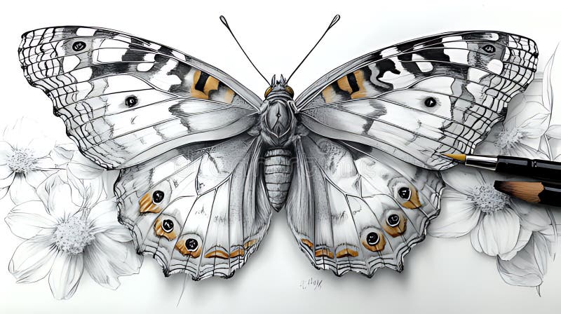 Detailed Butterfly Pencil Drawing, Floral Background, Artistic Process ...