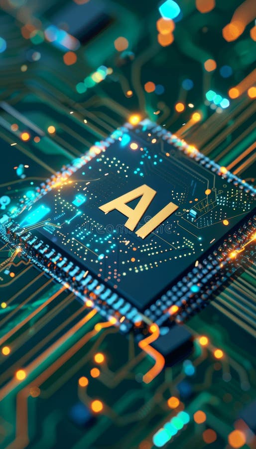 Detailed Capture of Ai Engraved Chrome Computer Chip on Green Circuit ...