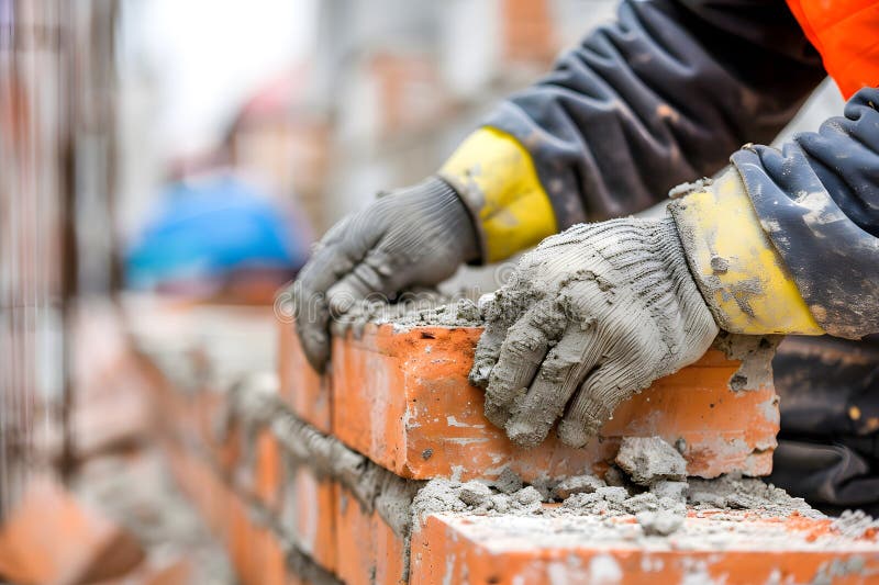 Detailed Capture of Mason Laying Bricks with Precision, Hands Covered ...