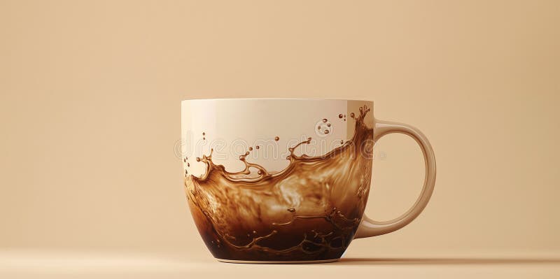 Detailed Ceramic Mug with Dynamic Coffee Splash Design on a Plain Beige ...