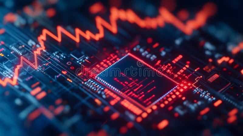 A Detailed Circuit Board Displaying a Red Declining Stock Market Graph ...