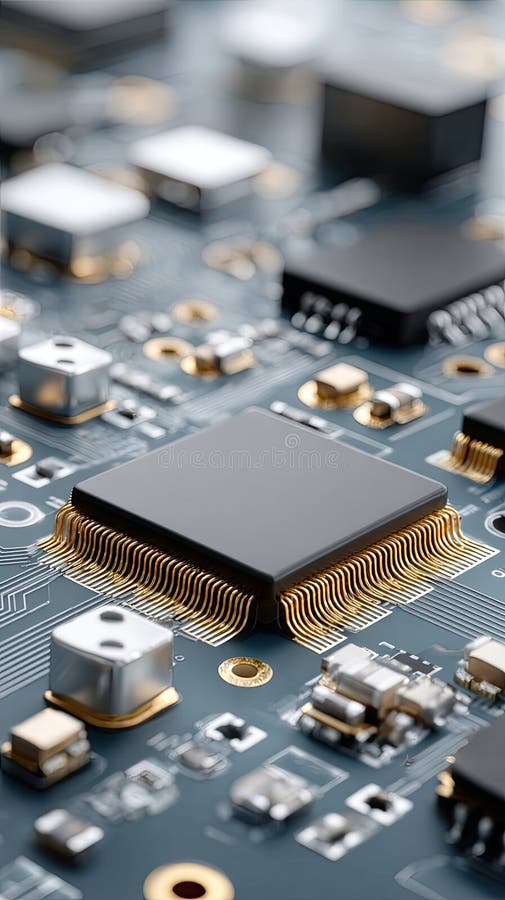 Detailed Circuit Board Features a Prominent Chip and Complex Pathways ...
