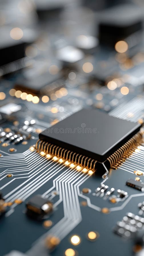 Detailed Circuit Board Features a Prominent Chip and Complex Pathways ...