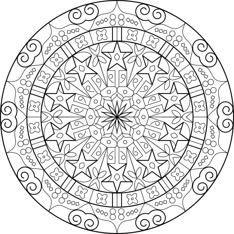 Layered Star and Scrollwork Mandala for Coloring Stock Illustration ...