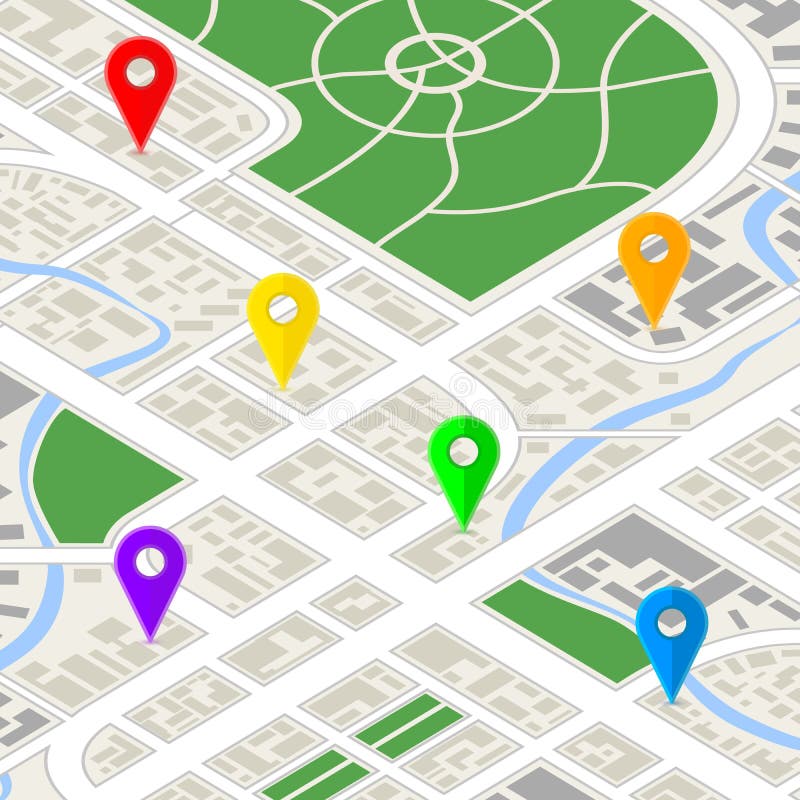 Detailed City Map in Isometric View with Colourful GPS Pins Stock ...
