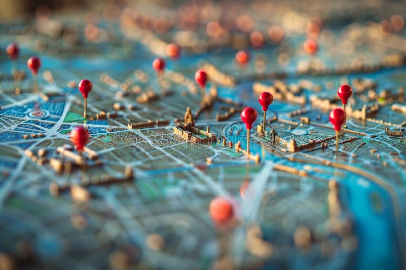 A Detailed City Map Showcases Multiple Red Push Pins Highlighting ...
