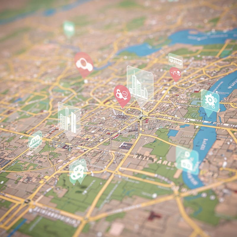 A Detailed City Map with Various Colored Location Markers Hovering ...