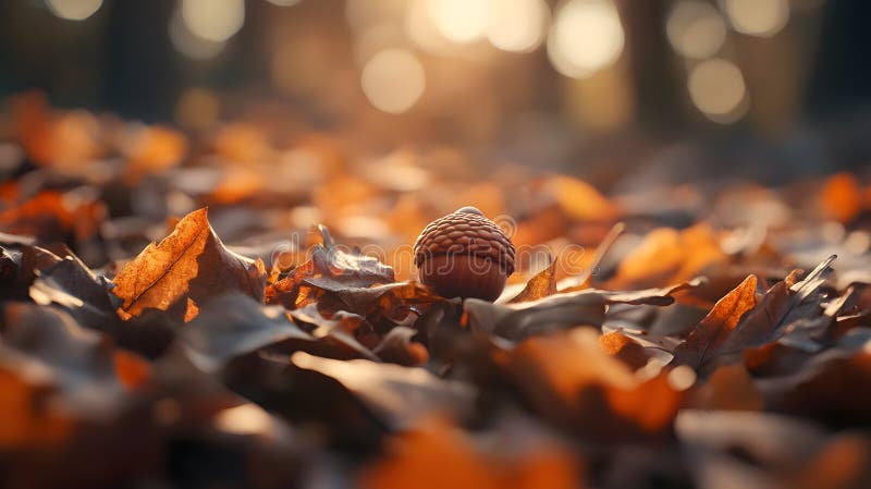 Detailed Close-up Acorn on a Pile of Leaves, Sunlight Breaking through ...