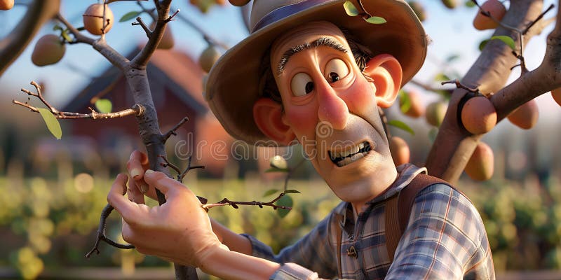 Detailed Close-up of Animated Farmer Pruning Fruit Tree Branches Stock ...