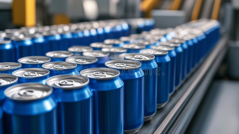 Detailed Close-up of Blue Metal Cans Being Processed in a Manufacturing ...