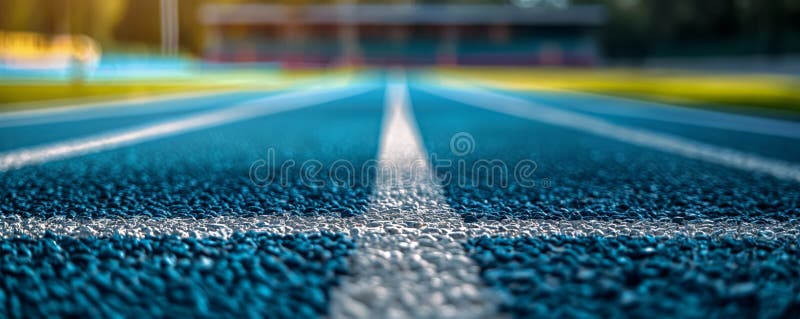 Detailed Close-up of a Blue Running Track with White Line. Stock Image ...