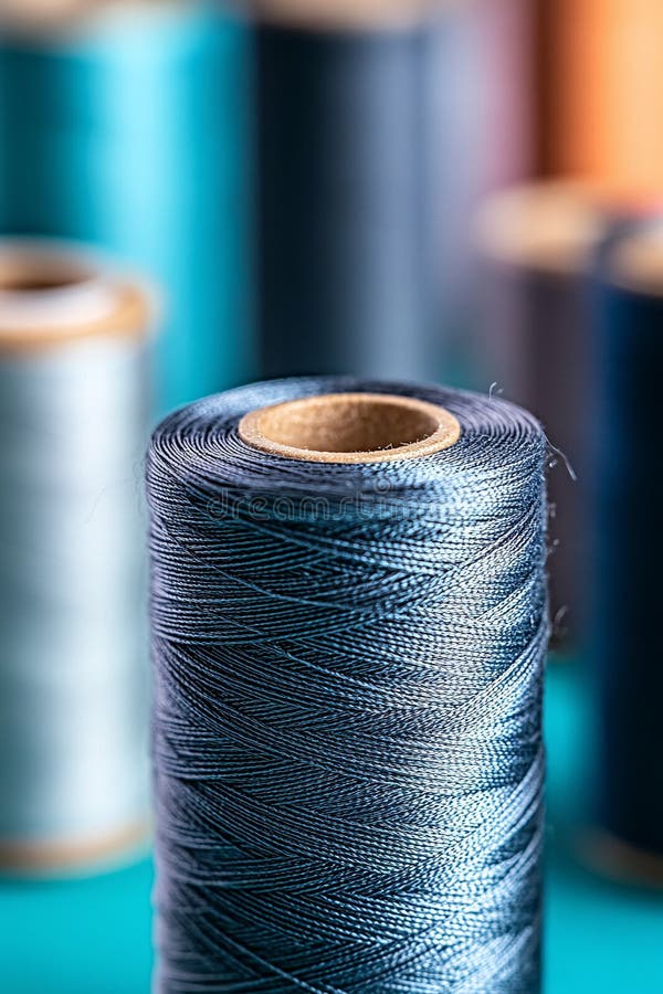 Close-Up of Blue Thread Spool with Colorful Blurred Spools in ...