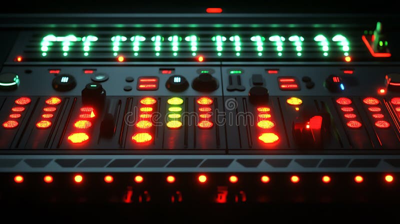 Close-up of an Audio Mixer Illuminated with Various Lights and Controls ...