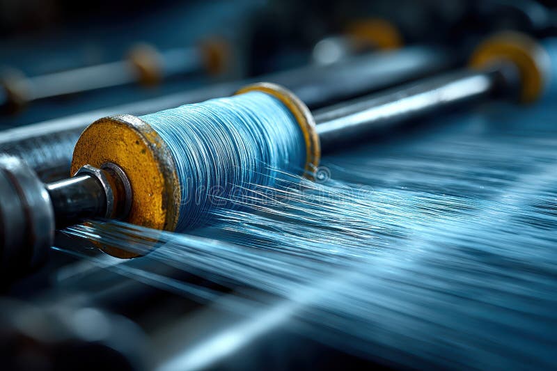A Detailed Close-up Captures the Process of Yarn Production, with Blue ...