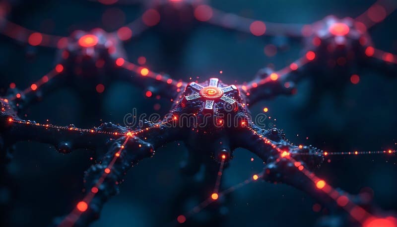A Detailed Close Up of a Complex Network with Glowing Red Points on a ...