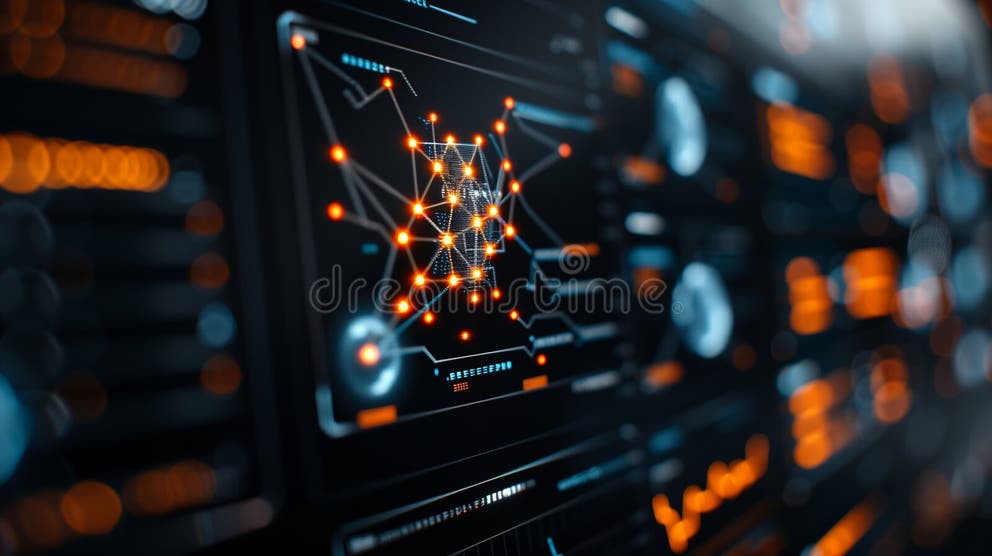 Close-up of a Computer Screen with Complex Data Visualizations Processed by AI Algorithms and ...