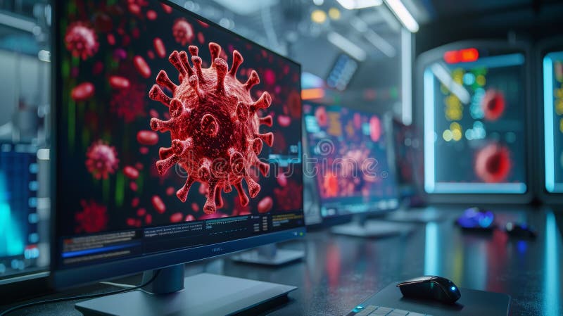 Detailed Close-up of Computer Screens Displaying Virus Structure in ...