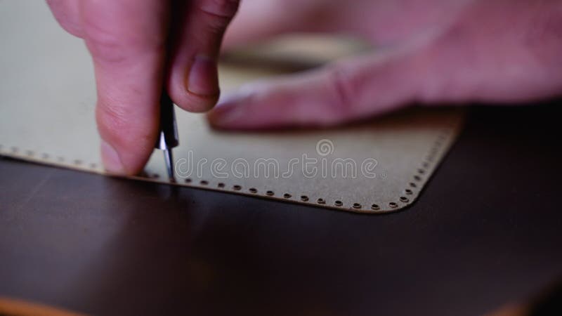 Close-Up of Leather Marking with a Template and Awl Stock Footage ...