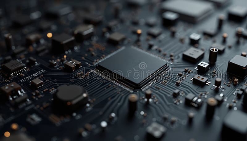 Detailed Close-up of Dark Computer Motherboard. Features Electronic ...