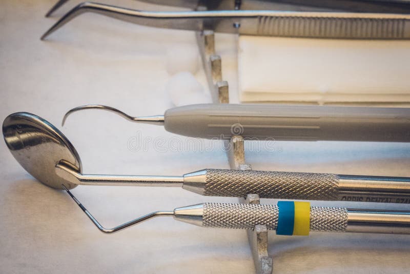 Detailed Close Up of Different Dental Instruments and Tools on a Stock ...