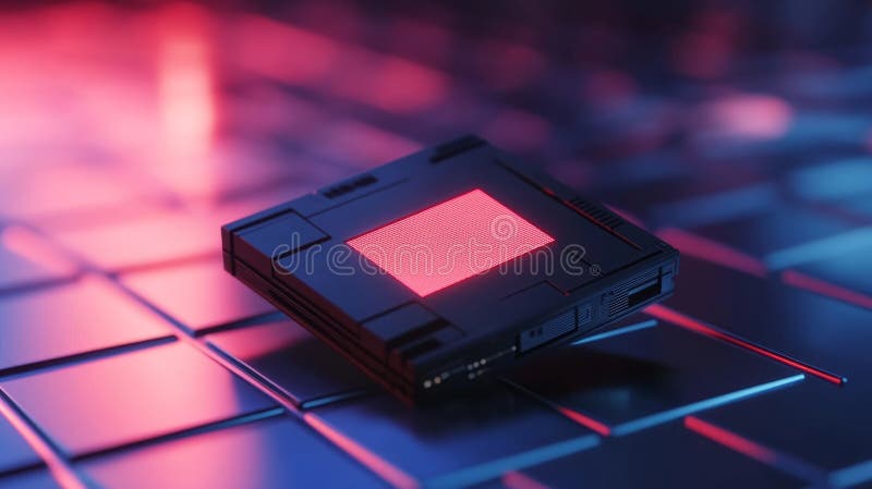 Detailed Close-up of a Futuristic Microchip Glowing in Red Light on a ...