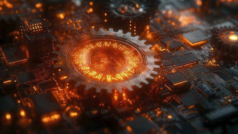 Detailed Close Up of Gear Mechanism with Orange Light on a Dark Circuit ...
