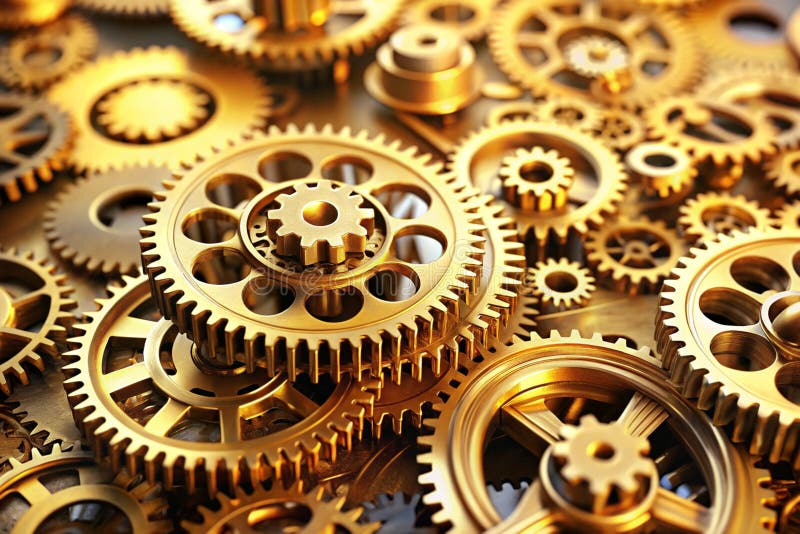 Gold Gears and Cogs Macro. 3D Stock Illustration - Illustration of ...