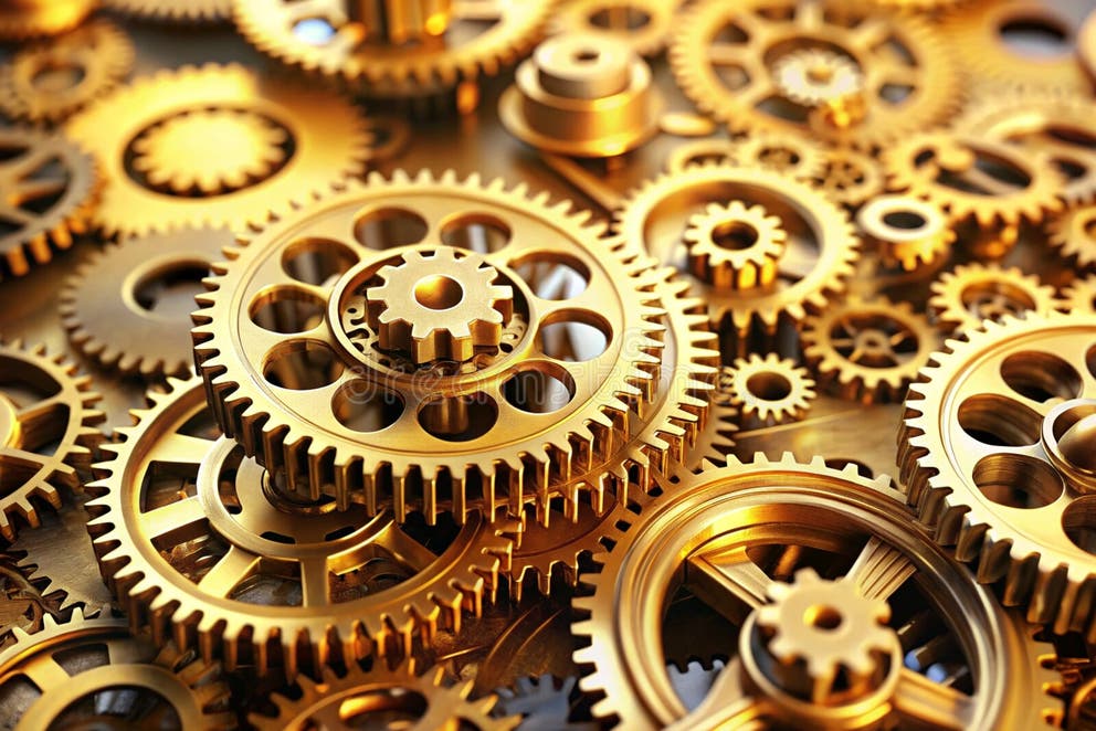 Gold Gears and Cogs Macro. 3D Stock Illustration - Illustration of ...
