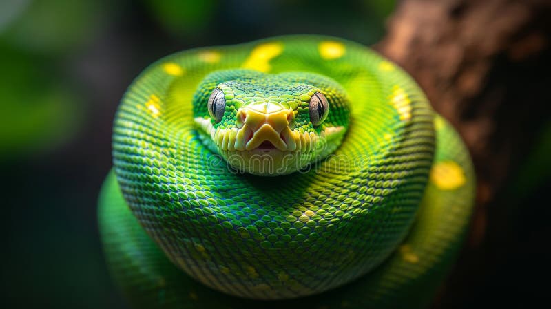 A Detailed Close-up of a Green Python S Face, Featuring Sharp Eyes and ...