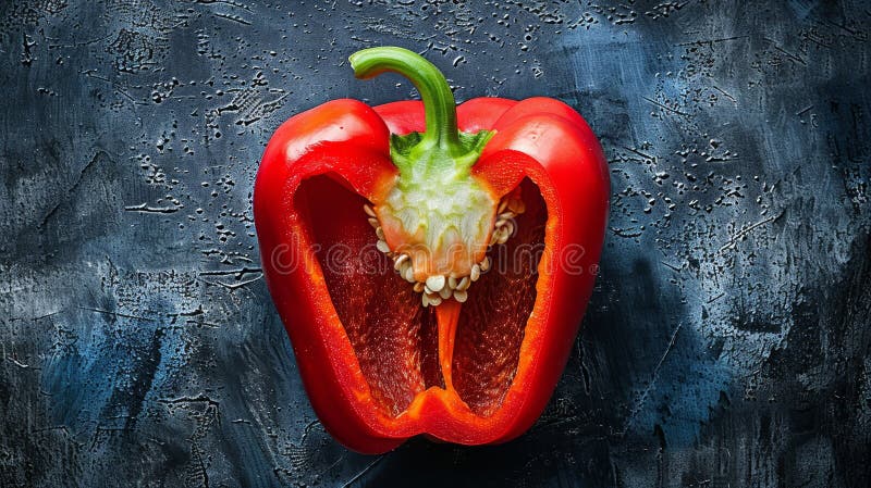 Detailed Close Up of Halved Red Bell Pepper with Visible Seeds and ...