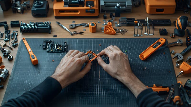Detailed Close-Up of Hands Assembling a STEM Project with Tools and ...