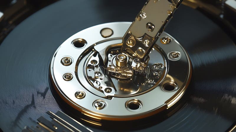 Detailed Close-Up of Hard Disk Platters and Read-Write Head in Focus ...