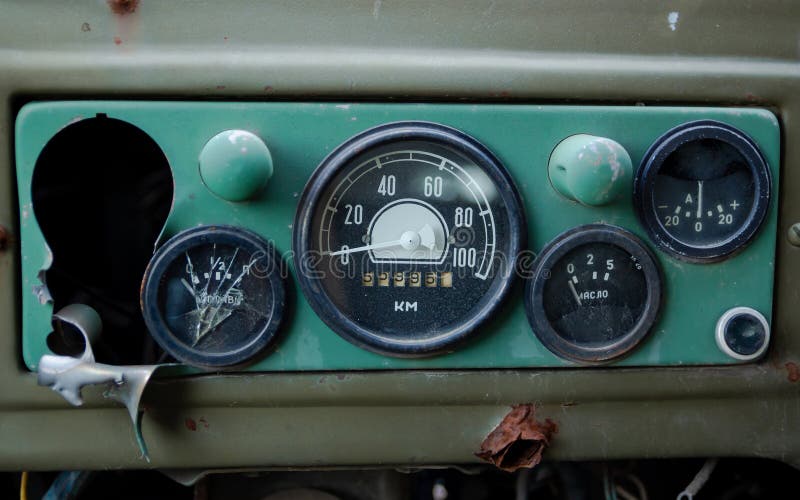 Detailed Close-up Image of the Dashboard of an Old Vintage Car Stock ...