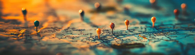 A Detailed Close Up Image of a Map Featuring Multiple Pins on it Stock ...