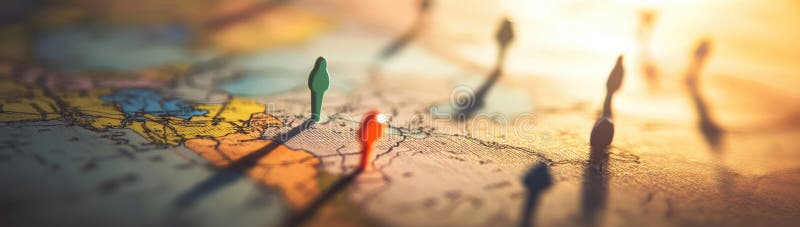 A Detailed Close Up Image of a Map Featuring Multiple Pins on it Stock ...