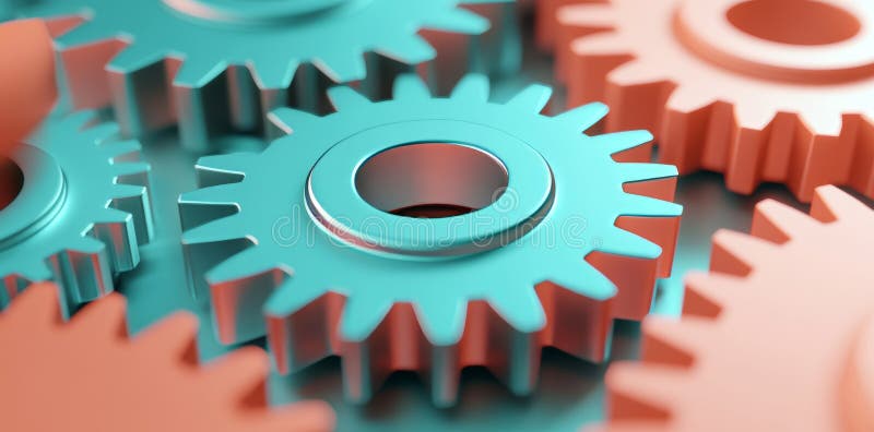 A Detailed Close-up of Interlocking Teal and Orange Gears in a ...