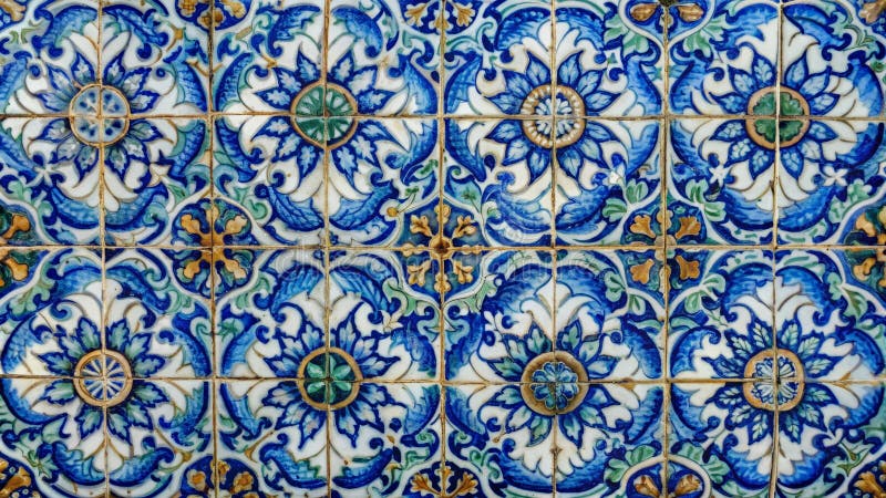 A Detailed Closeup of Intricately Patterned Blue and Gold Ceramic Tiles ...