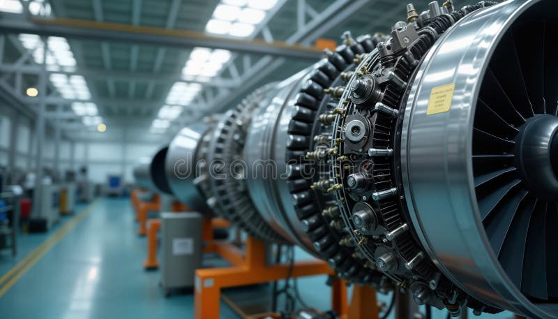 Detailed Close Up of Jet Engine Assembly in Industrial Factory Setting ...
