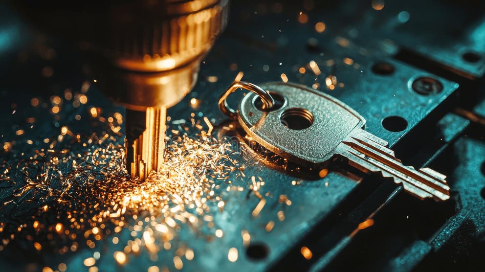 Detailed Close-up of Key Cutting Process on Duplication Machine ...