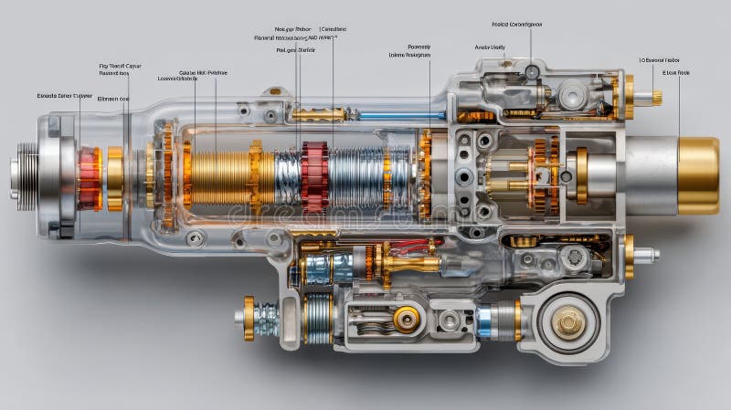 Detailed Close-Up of a Mechanical Engine Component with Labels Stock ...